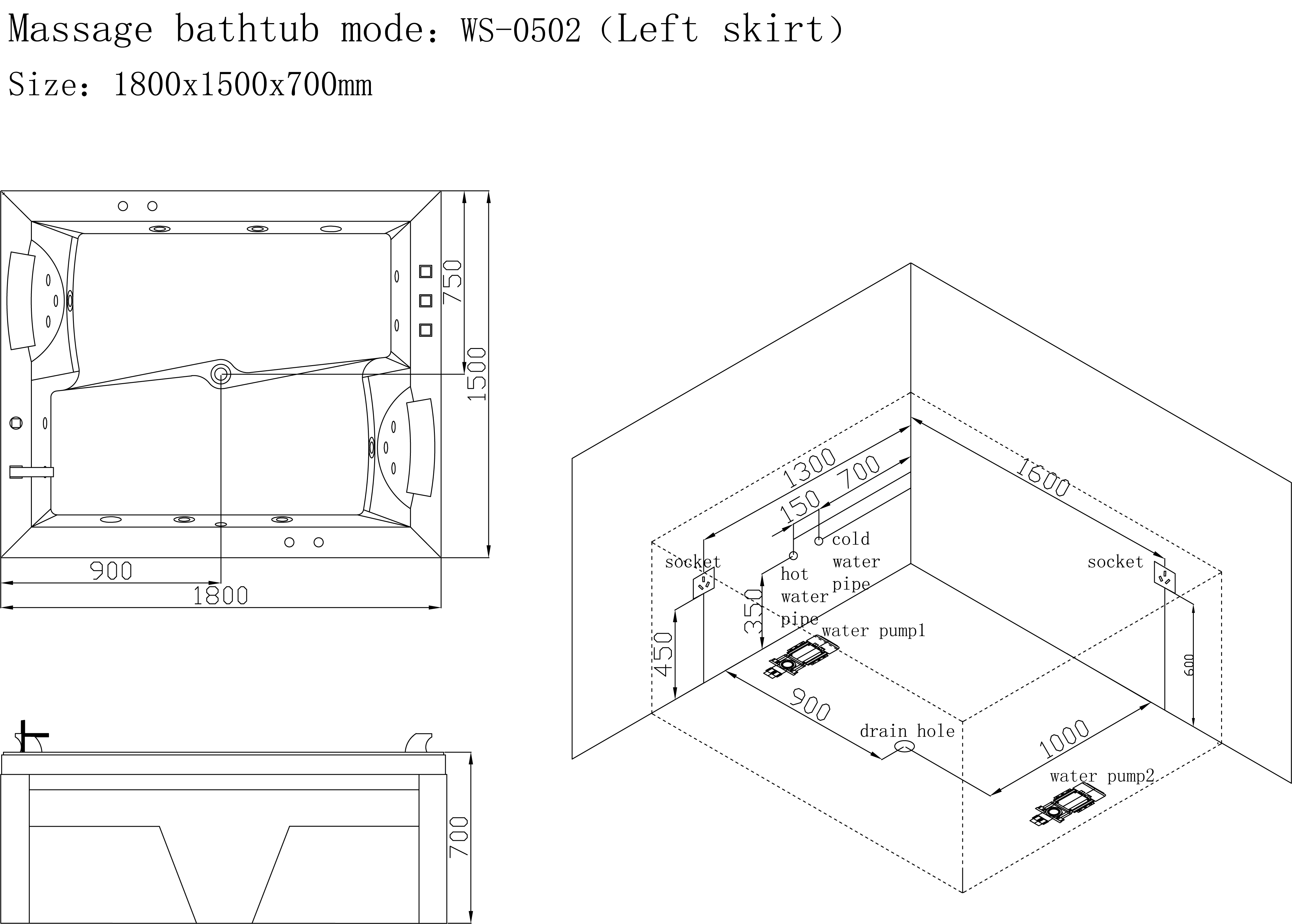 VASCHE IDROMASSAGGIO DA INTERNI: VASCA IDRO 502S, 1800 x 1500 x 700mm